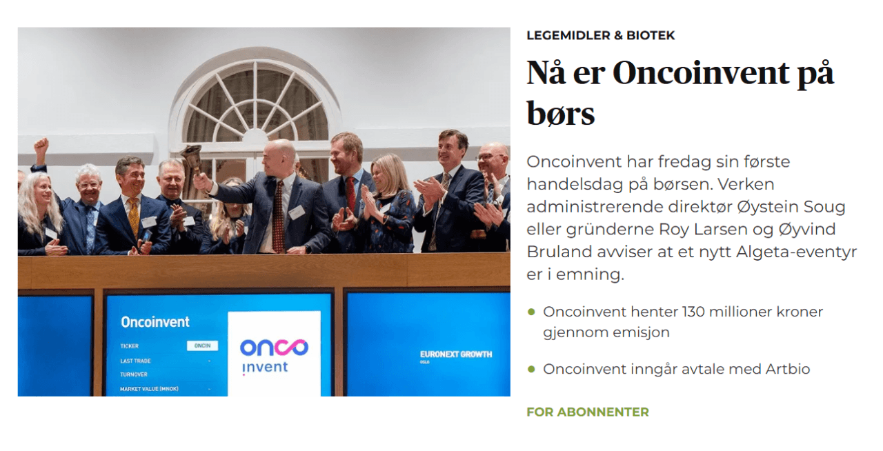 MedWatch: Nå er Oncoinvent på børs – Legemiddelindustrien
